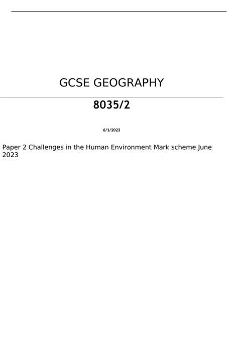 Aqa Gcse Geography 8035 2 Paper 2 Challenges In The Human Environment Mark Scheme June 2023