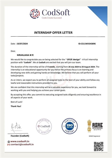 Niranjana M R On Linkedin Internship Codsoft Offerletter