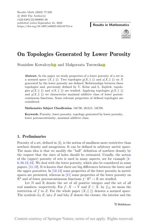 Pdf On Topologies Generated By Lower Porosity