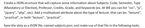 Javascript Create A JSON Structure That Will Capture Some Information About Subjects Stack