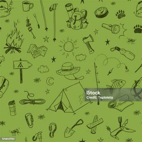 모닥불 모험 하이킹 및 관광 장비와 손으로 그린 낙서 캠핑 벡터 요소 원활한 패턴 귀여운에 대한 스톡 벡터 아트 및 기타 이미지 귀여운 벡터 일러스트레이션 Istock