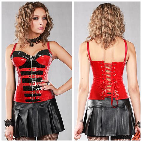 Sexy Red Pvc Striped Buckles Straps Zipper Corset Skirt Set N12493