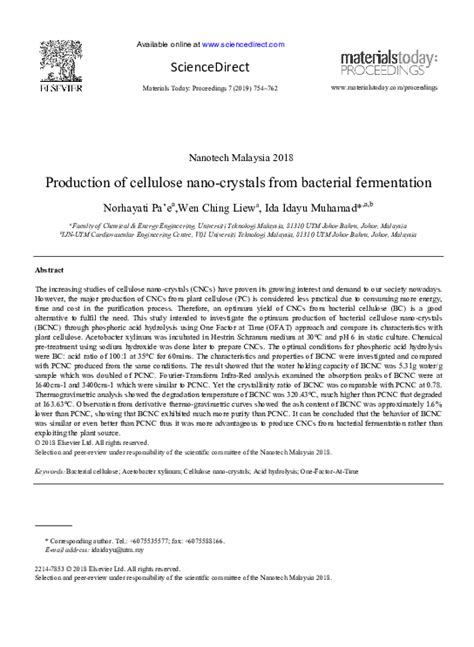 Pdf Production Of Cellulose Nano Crystals From Bacterial Fermentation Wen Ching Liew