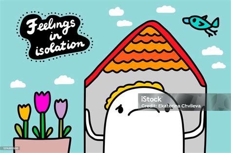 고립 된 손 그려진 벡터 일러스트에 만화 만화 Stly남자 혼자 홈 튤립 정원에 있는 감정 가정 생활에 대한 스톡 벡터 아트 및 기타 이미지 가정 생활 개화기 그래픽