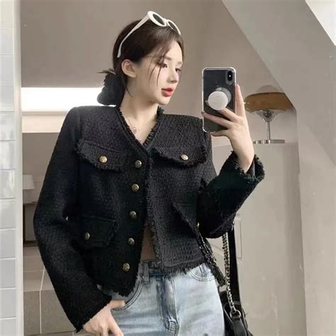 여성용 블랙 크롭 트위드 재킷 빈티지 태슬 기본 짧은 코트 한국 우아한 싱글 브레스트 캐주얼 아우터 봄 가을