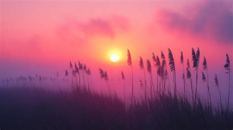 A Vibrant Sunrise Illuminates The Sky Over A Field Of Tall Grass