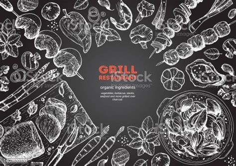 구운 고기와 야채 상단보기 프레임 벡터 일러스트레이션 새겨진 디자인 손으로 그린 그림 그릴 레스토랑 메뉴 디자인 템플릿 개체
