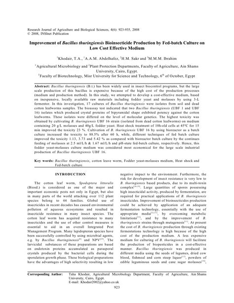 Pdf Improvement Of Bacillus Thuringiensis Bioinsecticide Production