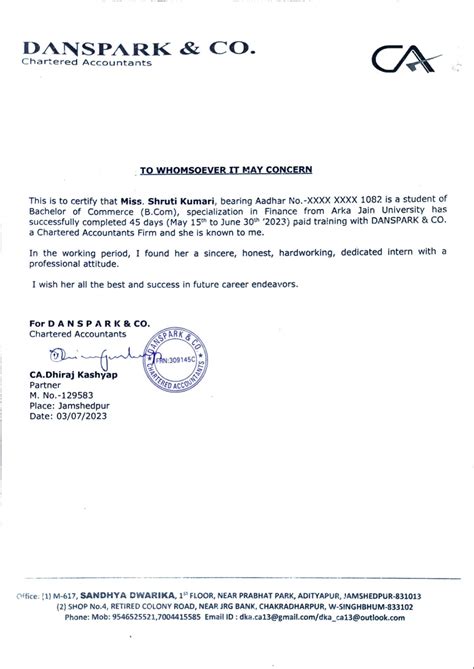 Shruti Kumari On Linkedin Completed My Internship At Danspark And Co Ac Firm 😊