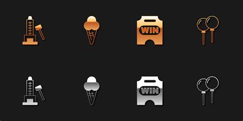 해머 와플 콘의 아이스크림 서커스 티켓 및 풍선 리본 아이콘으로 스트라이커 어트랙션을 설정합니다 벡터 건강 검진에 대한 스톡 벡터 아트 및 기타 이미지 Istock