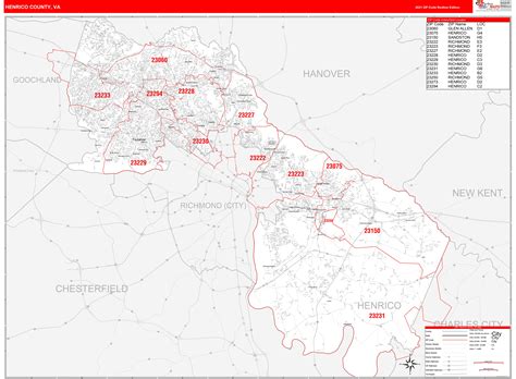 Henrico County Va Zip Code Wall Map Red Line Style By Marketmaps Mapsales