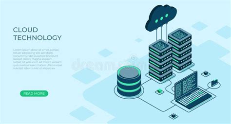 Isometric Cloud Technology With Datacenter And Laptop Web Hosting