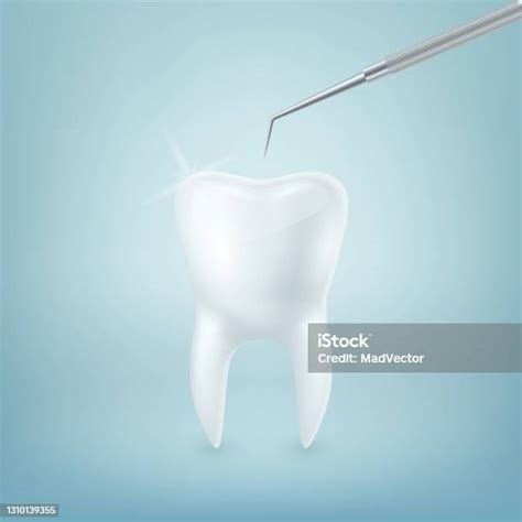 벡터 3d 사실적인 치아와 치아 클로즈업을 위한 치과 프로브가 파란색 배경에 있습니다 의료 치과 의사 도구 디자인 템플릿 클립 아트 모형 치과 건강 관리 위생 개념 3차원