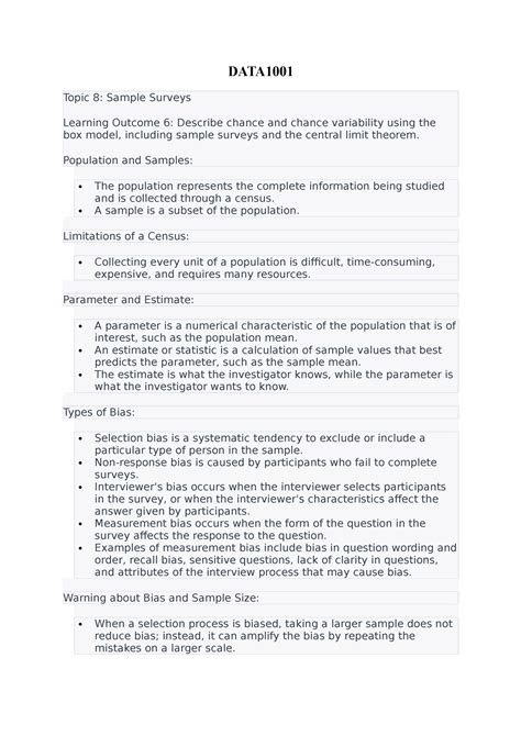 Data1001 Topic 8 Notes Data Topic 8 Sample Surveys Learning Outcome