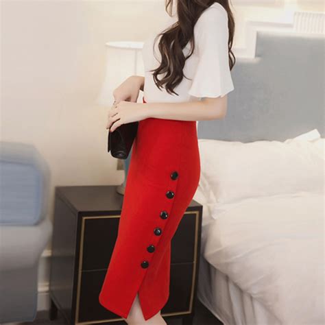 Alllist High Waist Womens Skirts Plus Size Midi Skirt Red Plain Slit Button Pencil Teen Skirts