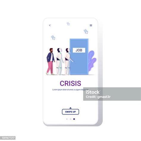 로봇 대 인간 사업가 후보자 고용 사업 자동화 인공 지능 개념 스마트폰 화면 모바일 앱 전체 길이 를 고용 하는 사무실에 줄 대기열에 서 가공의 인물에 대한 스톡 벡터 아트