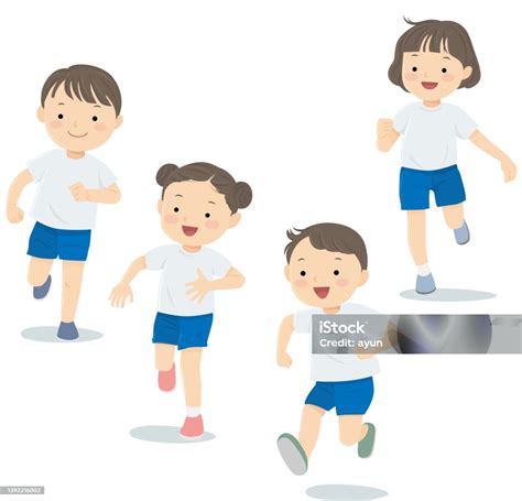 행복하게 달리는 네 명의 아이들의 벡터 일러스트 레이 션 운동회에 대한 스톡 벡터 아트 및 기타 이미지 운동회 일러스트레이션 달리기 Istock