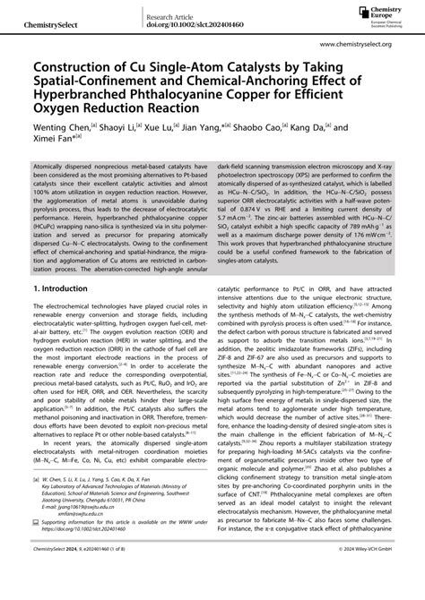 Construction Of Cu Single‐atom Catalysts By Taking Spatial‐confinement