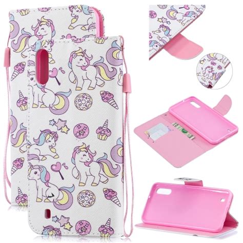 삼성 갤럭시 M10 컬러 드로잉 패턴 크로스 텍스처 수평 플립 Pu 가죽 케이스 홀더 및 카드 슬롯 및 지갑 아이스크림 유니콘