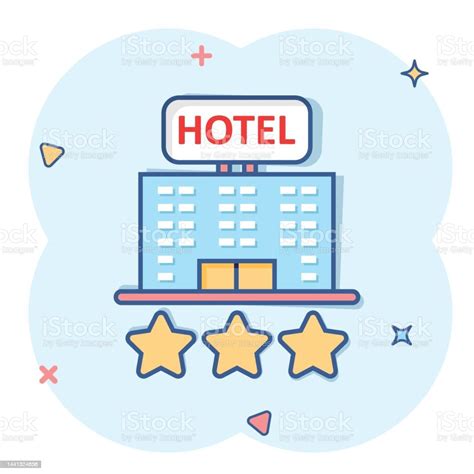 호텔 3별 은 만화 스타일의 아이콘에 서명합니다 흰색 고립 된 배경에 여관 건물 만화 벡터 일러스트레이션 호스텔 룸 스플래시 효과 비즈니스 컨셉 3가지 개체에 대한 스톡