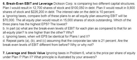 Solved 6 Break Even Ebit And Leverage Dickson Corp Is