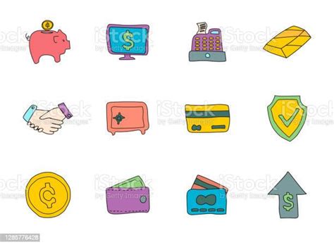 흰색에 고립 된 금융 낙서 웹 디자인 사용자 인터페이스 모바일 앱 및 인쇄를 위한 재무 아이콘 설정 공포 무서움에 대한 스톡