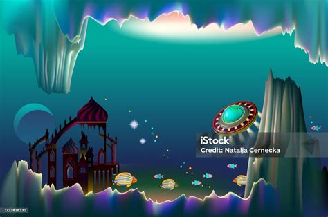 동화나라 수중 왕국의 판타지 삽화 어린이 동화책 표지 배너 또는 포스터에 대한 공상 과학 소설의 배경 0명에 대한 스톡 벡터