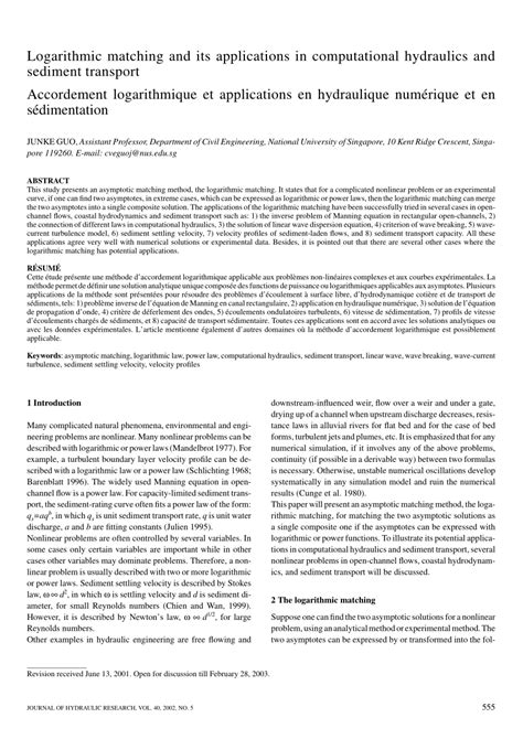 PDF Logarthmic Matching And Its Application In Computational Hydraulics And Sediment Transport