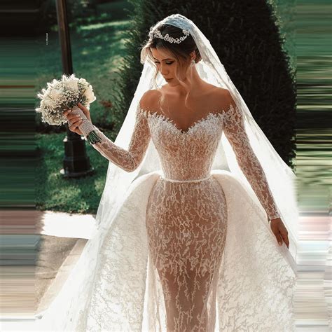 Pure White Wedding Dresses In Dubai With Overskirt Mermaid Long Sleeves