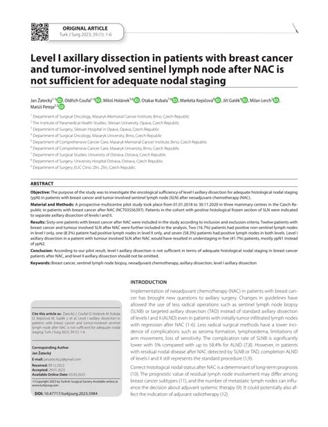 Pdf Level I Axillary Dissection In Patients With Breast Cancer And Tumor Involved Sentinel