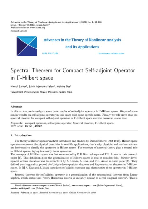 Pdf Spectral Theorem For Compact Self Adjoint Operator In Γ Hilbert