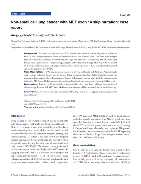 Pdf Non Small Cell Lung Cancer With Met Exon 14 Skip Mutation Case