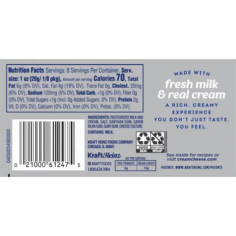 1 3 Les Fat Cream Cheese Nutrition Label Philadelphia Reduced Fat