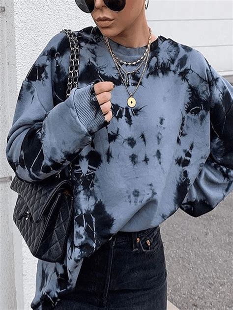 Women Tie Dye Print Round Neck Loose Fit Pullover Sweatshirt Blue