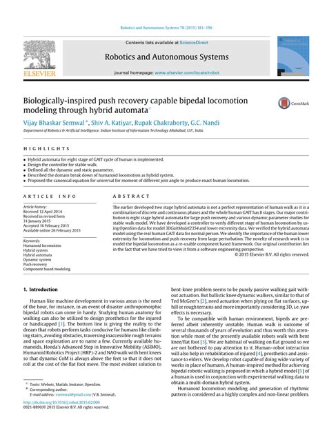 Pdf Biologically Inspired Push Recovery Capable Bipedal Locomotion
