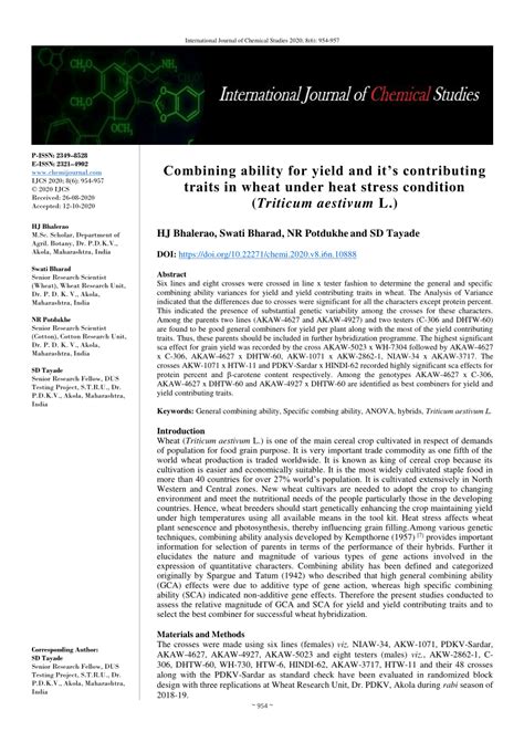Pdf Combining Ability For Yield And Its Contributing Traits In Wheat