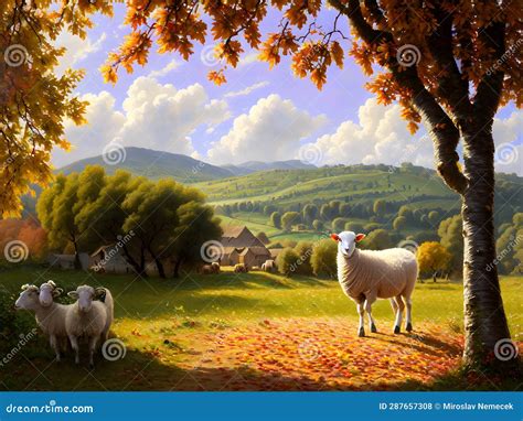 Autumn Countryside Landscape With Sheeps Generative Ai Illustration Stock Illustration