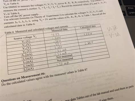 Solved Table 6 Measured And Calculated Voltages And Currents Chegg