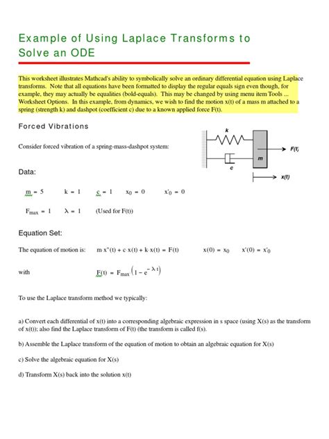 Mathcad Example Of Using Laplace Transforms To Solve An Ode Pdf