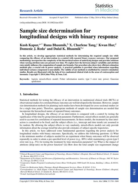 Pdf Sample Size Determination For Between Group Comparisons In Mixed Effects Logistic