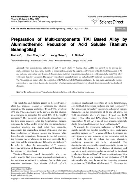 Pdf Preparation Of Multi Components Tial Based Alloy By Aluminothermic Reduction Of Acid