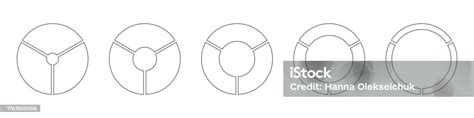 바퀴는 둥글게 나뉘어 세 부분으로 나뉩니다 다이어그램 인포 그래픽 세트 원 단면 그래프 라인 아트입니다 원형 차트 간단한 아이콘입니다 도넛 차트의 윤곽선 파이는 3개의