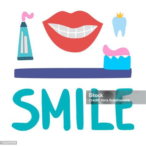 손으로 그린 벡터 일러스트 레이 션의 입 그림 치아 칫 솔 치약 및 단어 미소 이빨 요정 허구 캐릭터에 대한 스톡 벡터 아트 및 기타 이미지 이빨 요정 허구 캐릭터 0