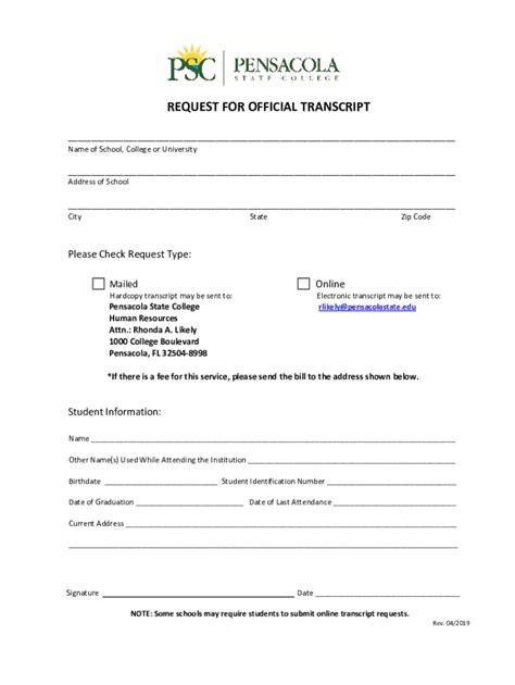 Request For Official Transcript Pensacola State Fill Out And Sign