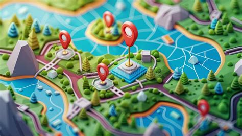 Detailed View Of A Map With Multiple Pin Markers Showing GPS Tracking And Navigation Features In