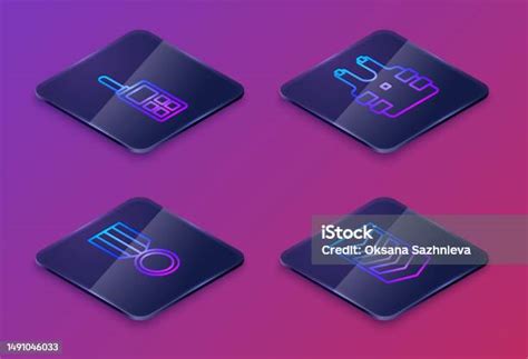 아이소메트릭 라인 워키토키 군사 보상 메달 총알 및 군사 계급으로부터 보호하기 위한 방탄 조끼를 설정합니다 파란색 사각형 버튼입니다 벡터 3차원 형태에 대한 스톡 벡터 아트