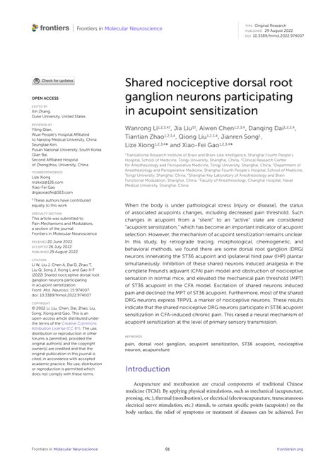 Pdf Shared Nociceptive Dorsal Root Ganglion Neurons Participating In Acupoint Sensitization