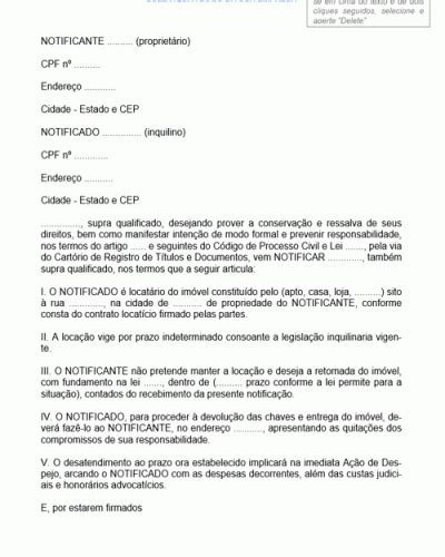 Referência de Notificação de Retomada de Imóvel Modelo Gratuito