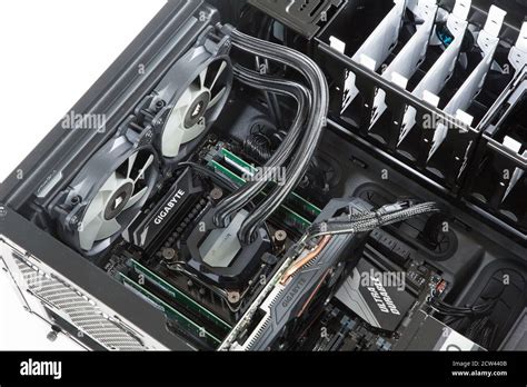 Liquid Cooled Processor Inside Desktop Computer Showing Radiator Unit With Cooling Fans Stock