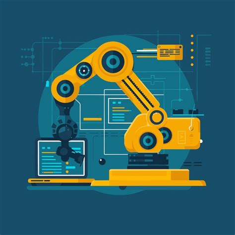 A Flat Vector Illustration Of An Industrial Robot Arm Holding Code With